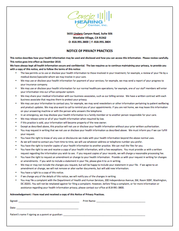 Audiology Patient Forms for Conejo Hearing Center, Inc.